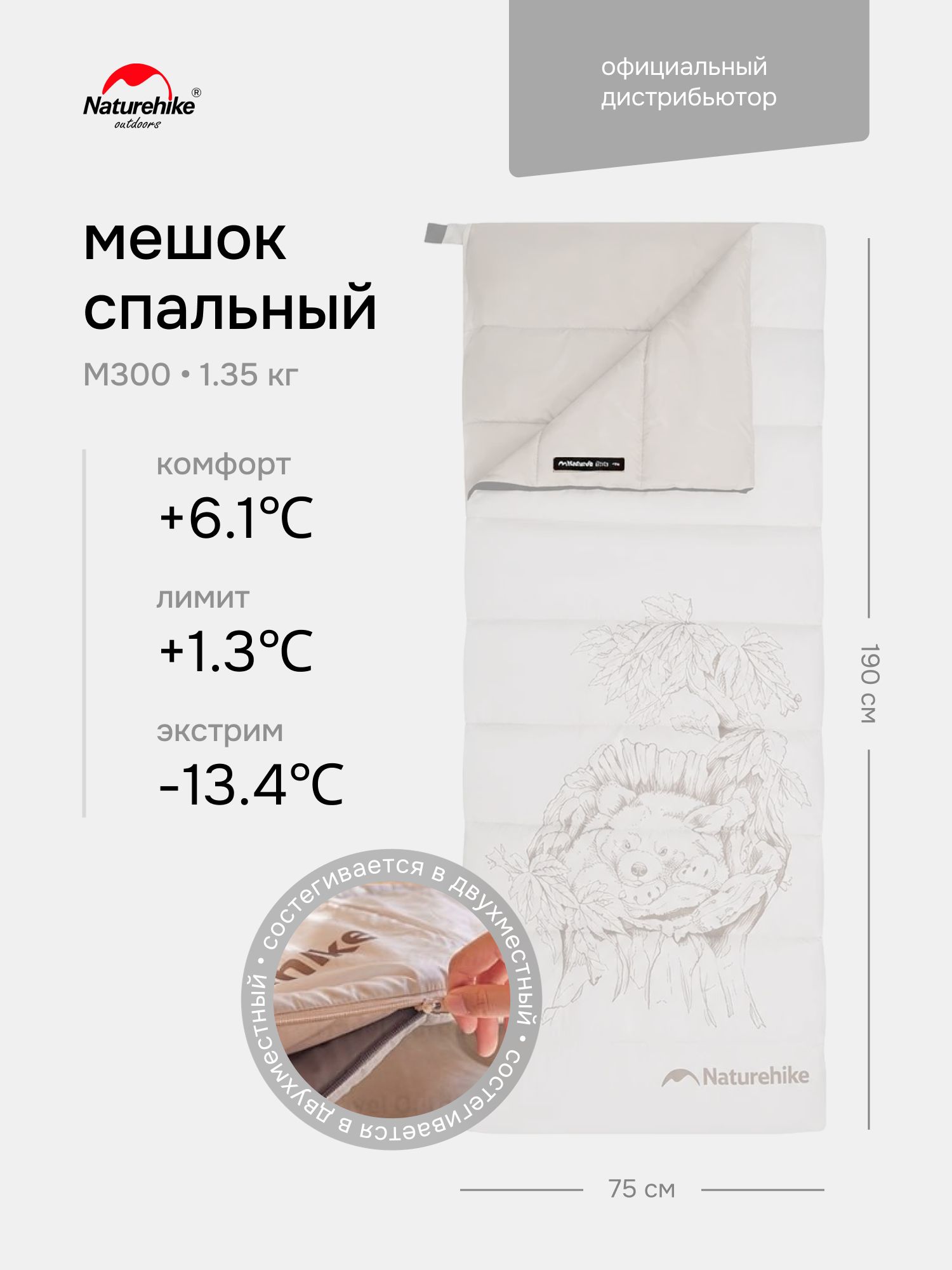 Спальный мешок туристический Naturehike M300, 190х75 см, принт "Красная панда"