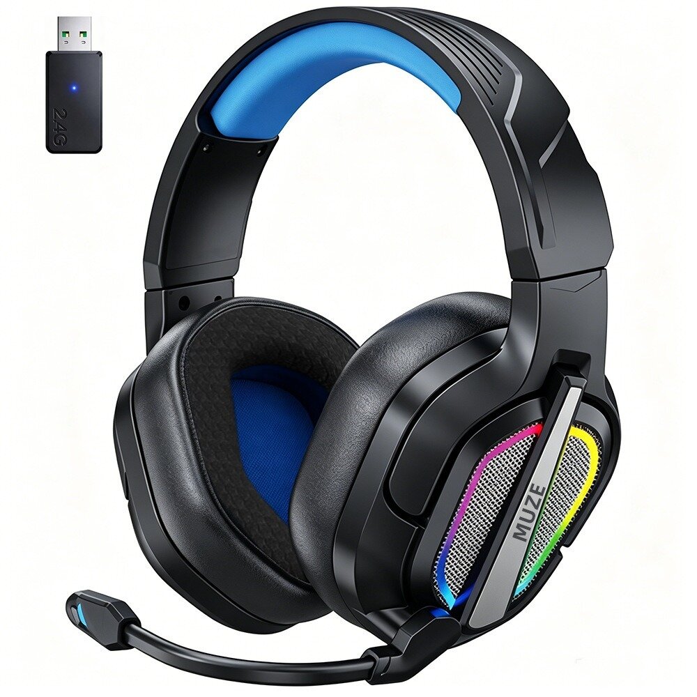 Наушники беспроводные игровые MUZE PC-200 с микрофоном, 2.4G, Bluetooth 6.0, 7.1, RGB для PS5, PS4 и ПК