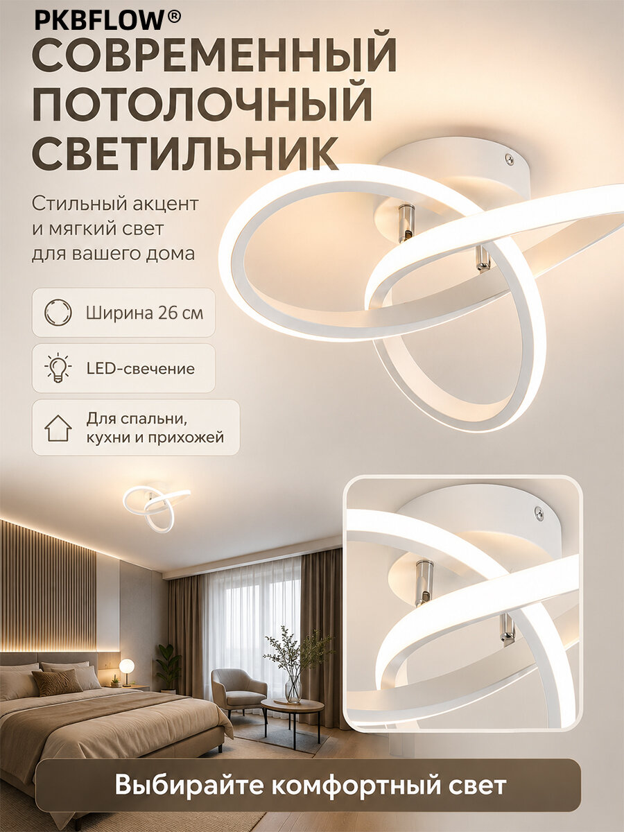 PKBFLOW Потолочный светильник для коридора, трехцветный светодиодный, 20 Вт, с функцией запоминания, белый