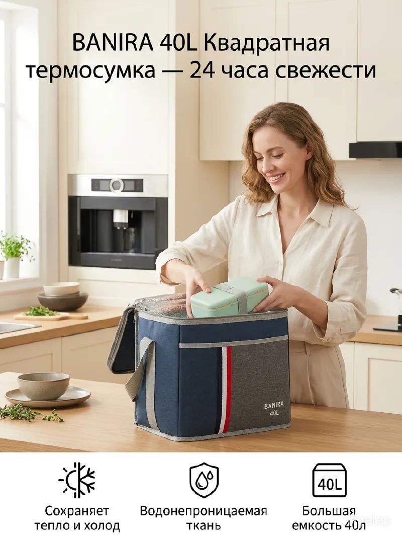 Термосумка-холодильник BANIRA 40 л, сохраняет тепло и холод до 24 часов,