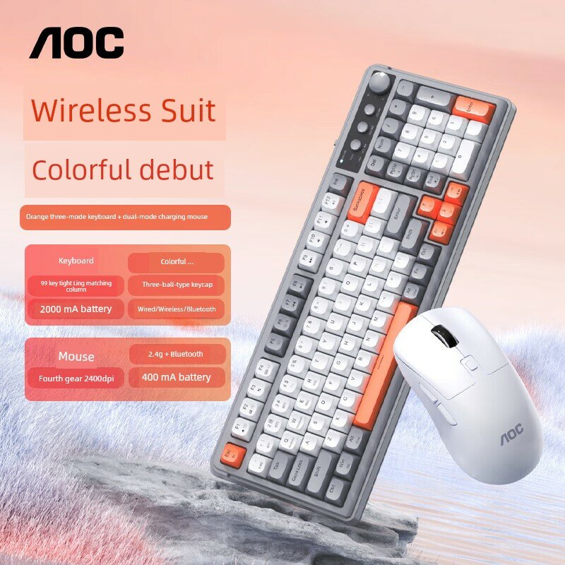 AOC GK210 Серо-Бело-Оранжевый трехрежимный комплект клавиатура и двойной режим мыши с RGB подсветкой