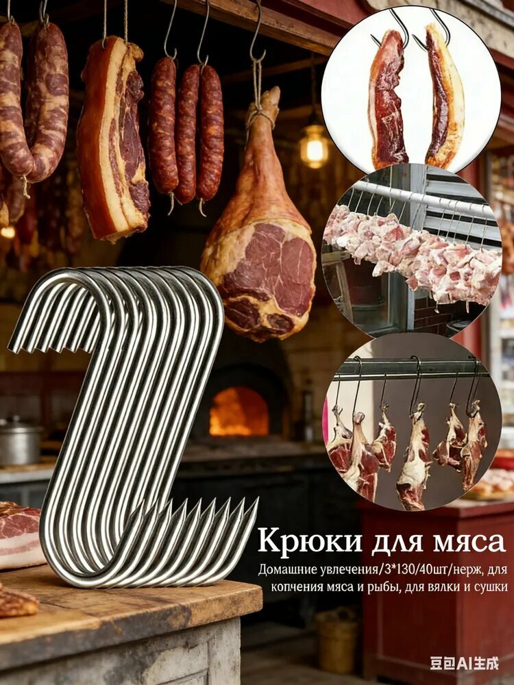 40 шт! Крючки заостренные для копчения мяса и рыбы, для вялки и сушки