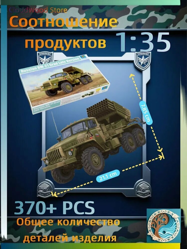 Эксклюзивная сборная модель в масштабе 1:35, поздняя версия российской реактивной системы залпового огня БМ21 "Град" от производителя Trumpeter, артикул 01014