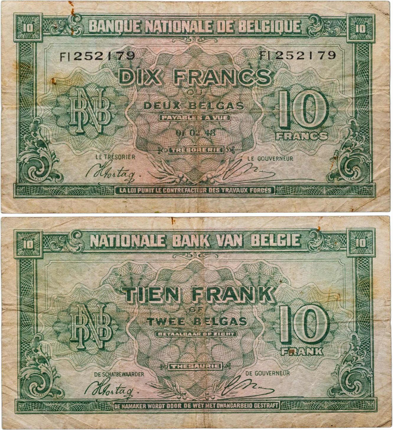 Бельгия 10 франков 1943