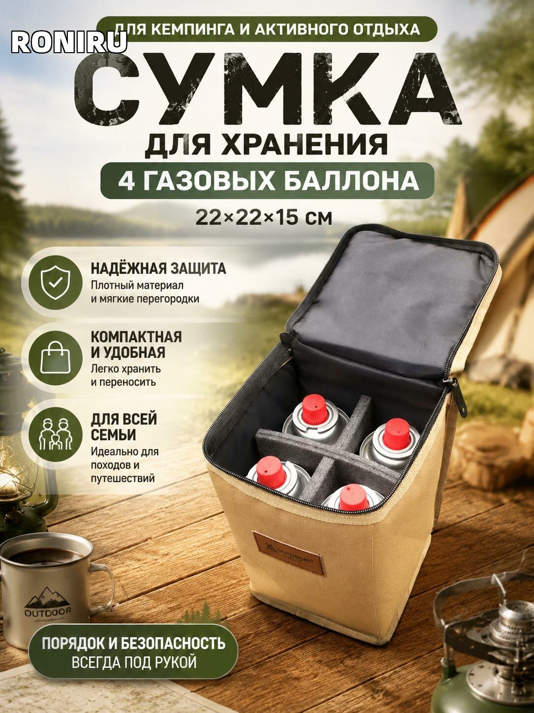 Сумка для хранения 4 газовых баллонов 22х22х15 см — компактная и удобная для кемпинга, походов и активного отдыха для семьи