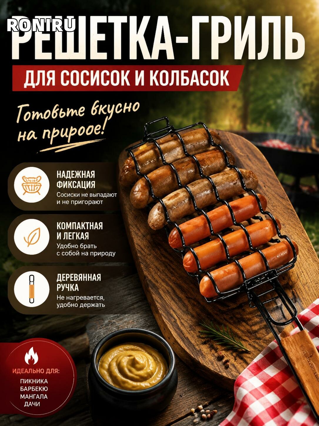 Решетка-гриль для сосисок и колбасок с деревянной ручкой — компактная и удобная для пикника, барбекю, мангала и дачи