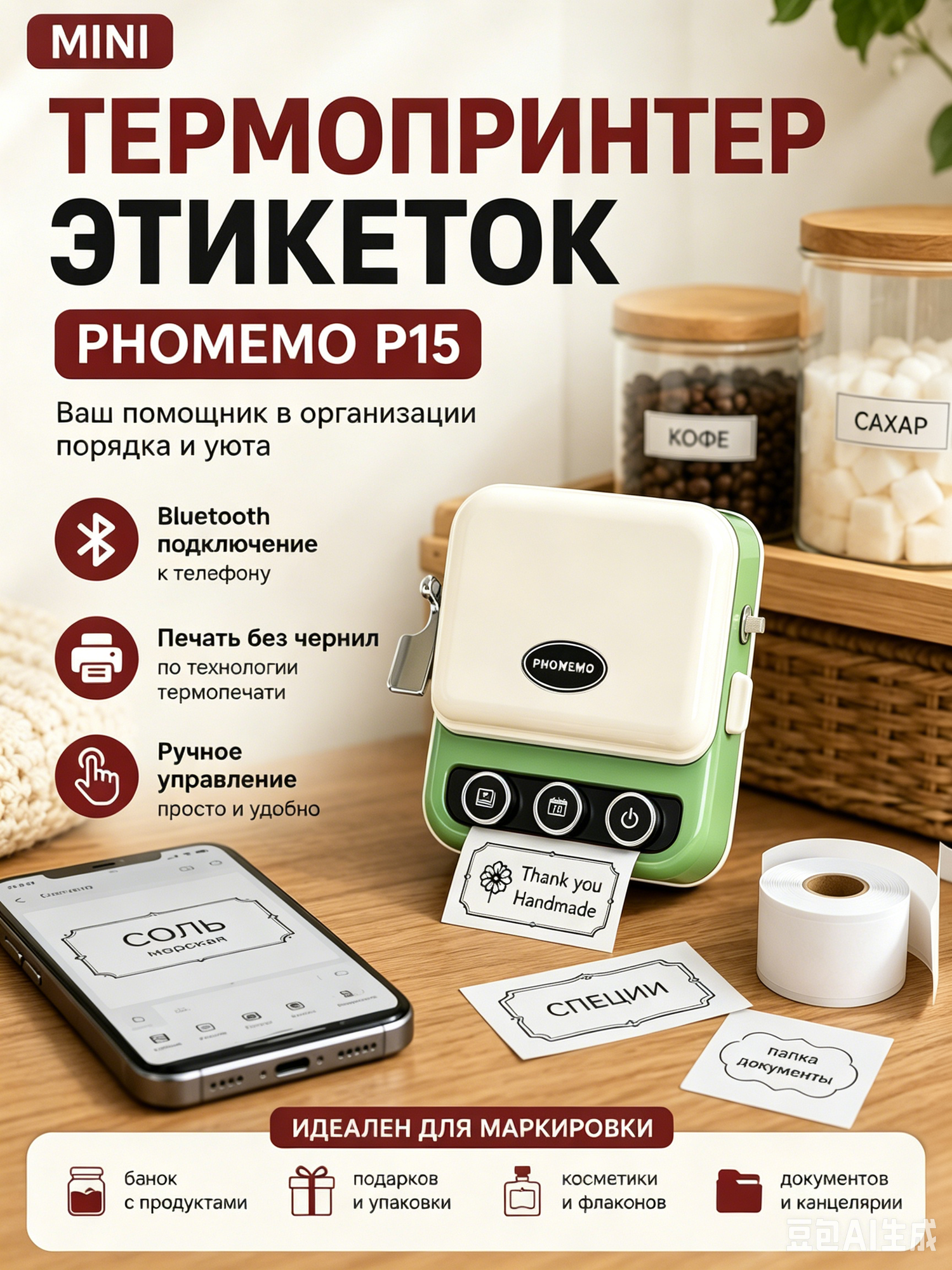 Мини термопринтер этикеток Phomemo P15 винтажный дизайн, портативный Bluetooth принтер для наклеек, ручное управление