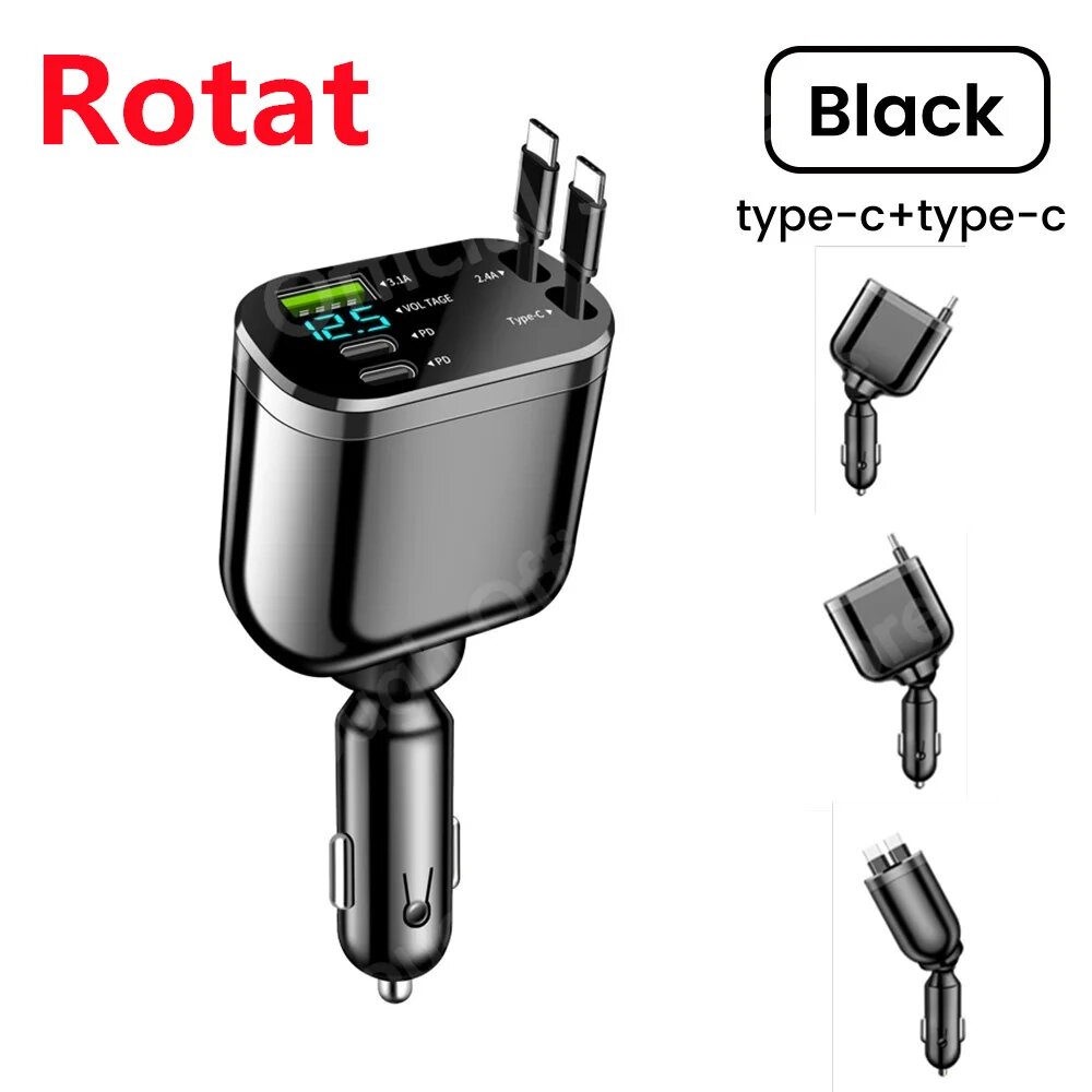 Автомобильное Зарядное Устройство Elough 5-в-1 С Выдвижным Кабелем USB-C На Rotate Dual Type C