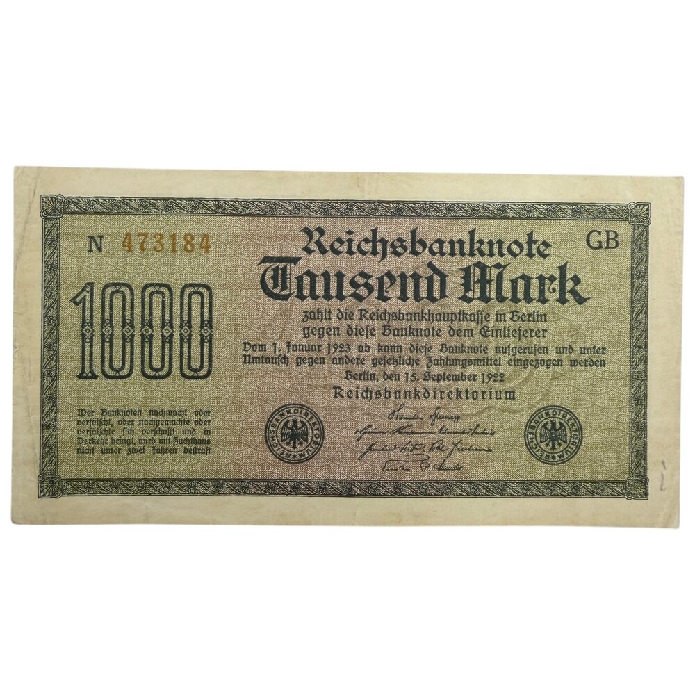 Веймарская республика (Германия) 1000 марок 1922 г. (ВЗ - Греческий узор, F) (Литера GB) (Серия N)