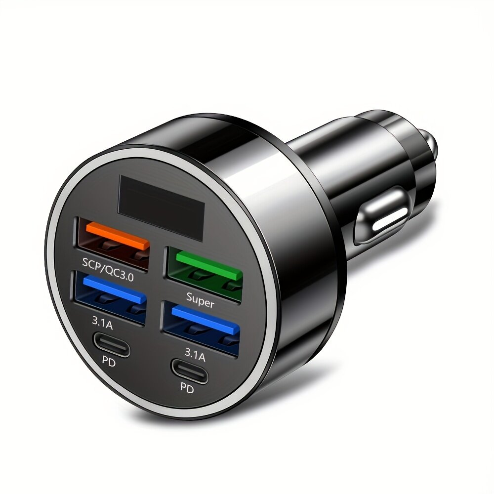 Автомобильное зарядное устройство 6-в-1 с быстрой зарядкой, 2 порта PD и 4 USB, цифровой дисплей, 7A QC3.0, черный
