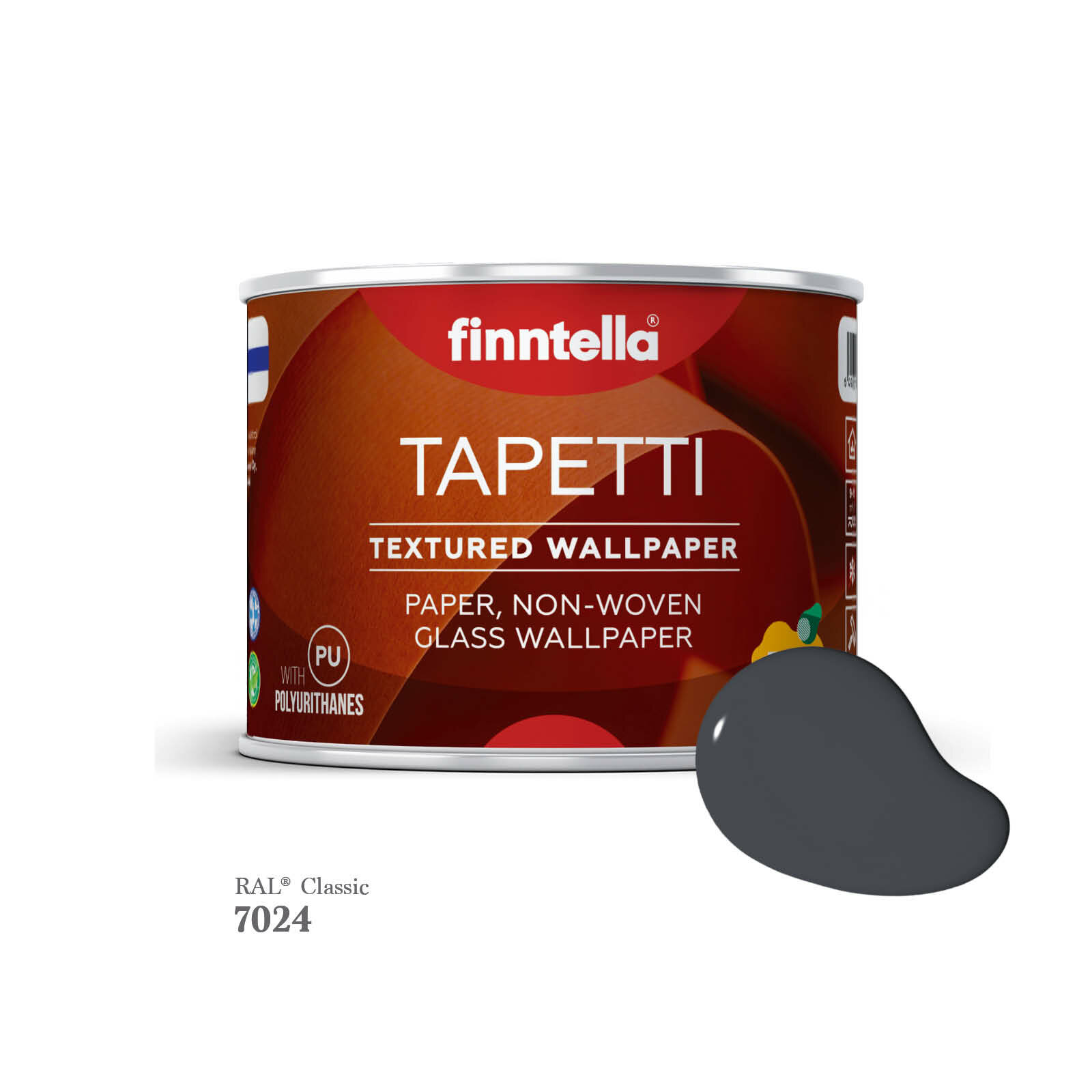 Шелковисто-матовая краска для обоев под окраску TAPETTI SILKKI Matta FINNTELLA, Цвет RAL 7024 Графитовый серый (Graphite grey), 0,45л