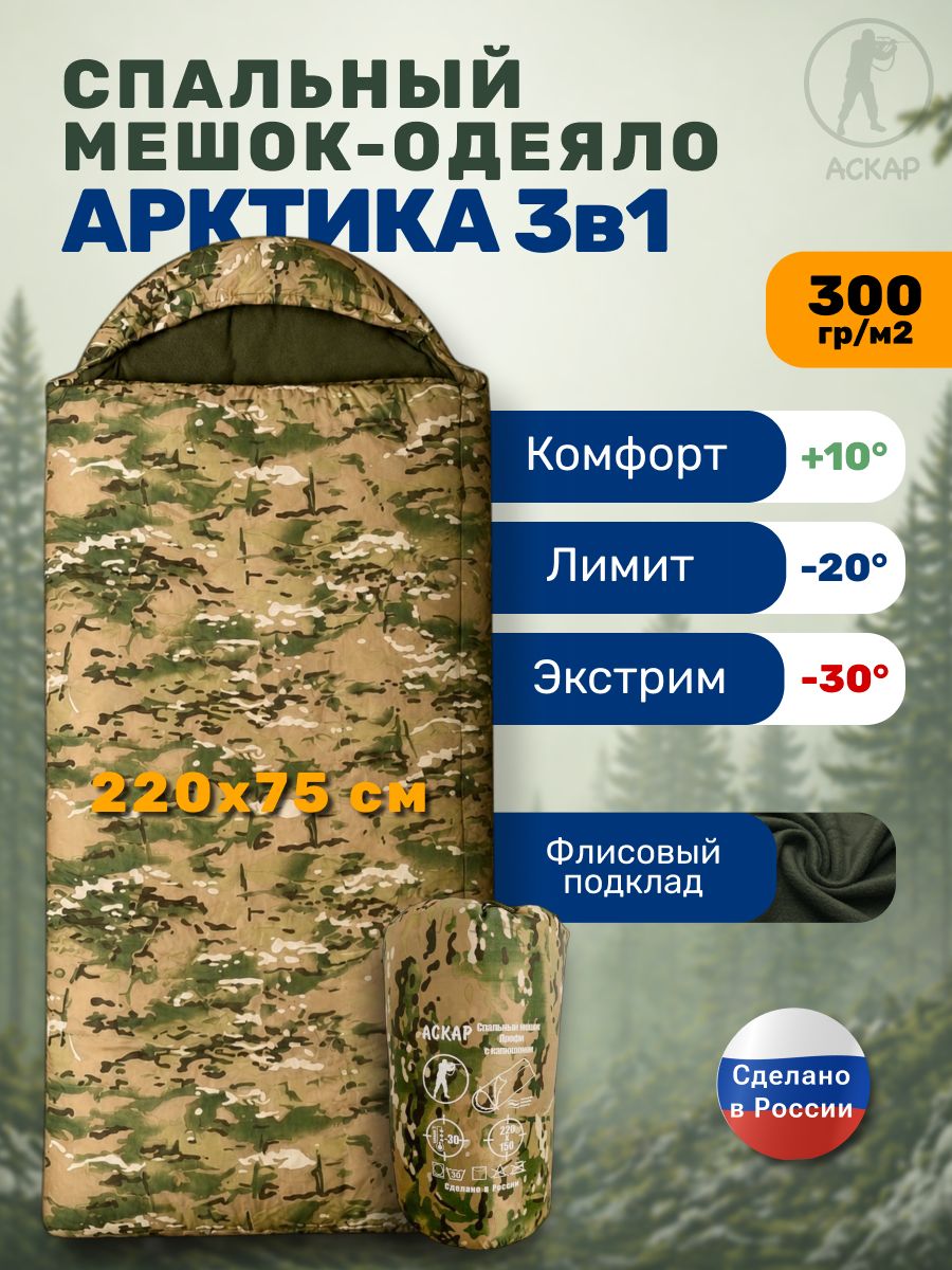Спальный мешок зимний с флисом 220*75 / Спальник туристический армейский -30