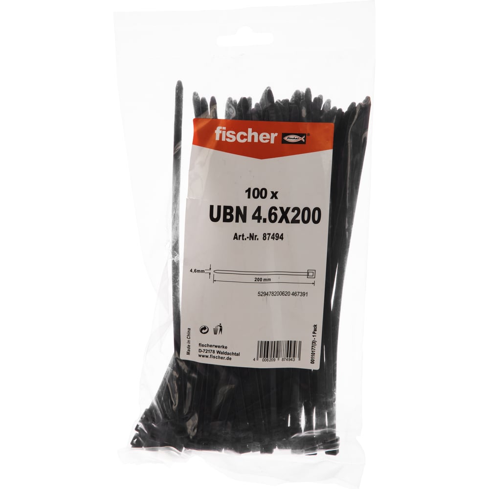 Кабельная стяжка Fischer UBN 4.6X200 устойчивая к УФ 100 шт. 87494