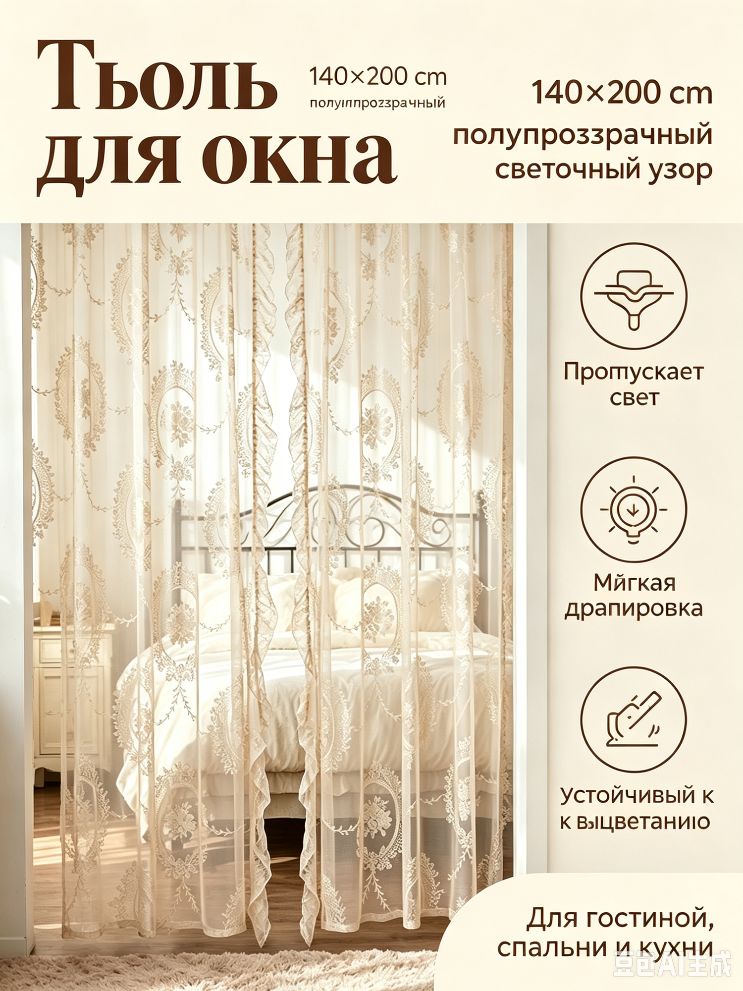 Шторы-тюль кремовые, 2 полотна, 140×200 см, полупрозрачные, с цветочным узором, полиэстер, для классического интерьера