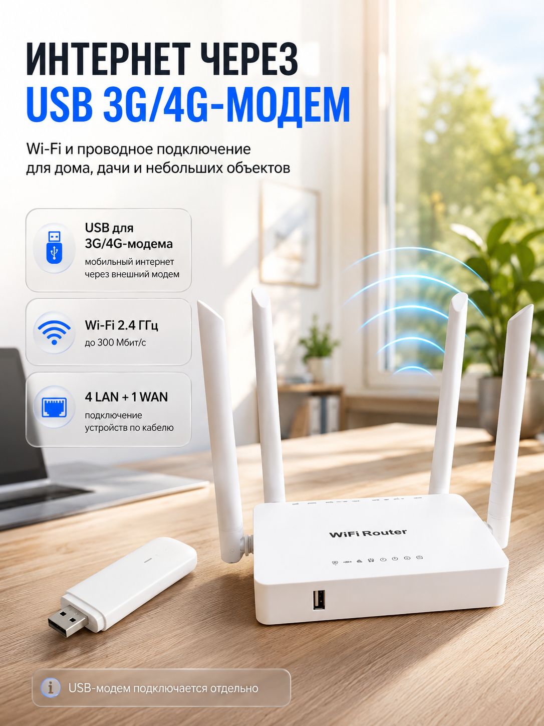 Wi-Fi роутер WE1626 для USB 3G/4G модема, 2.4 ГГц, до 300 Мбит/с, 4 LAN, 1 WAN