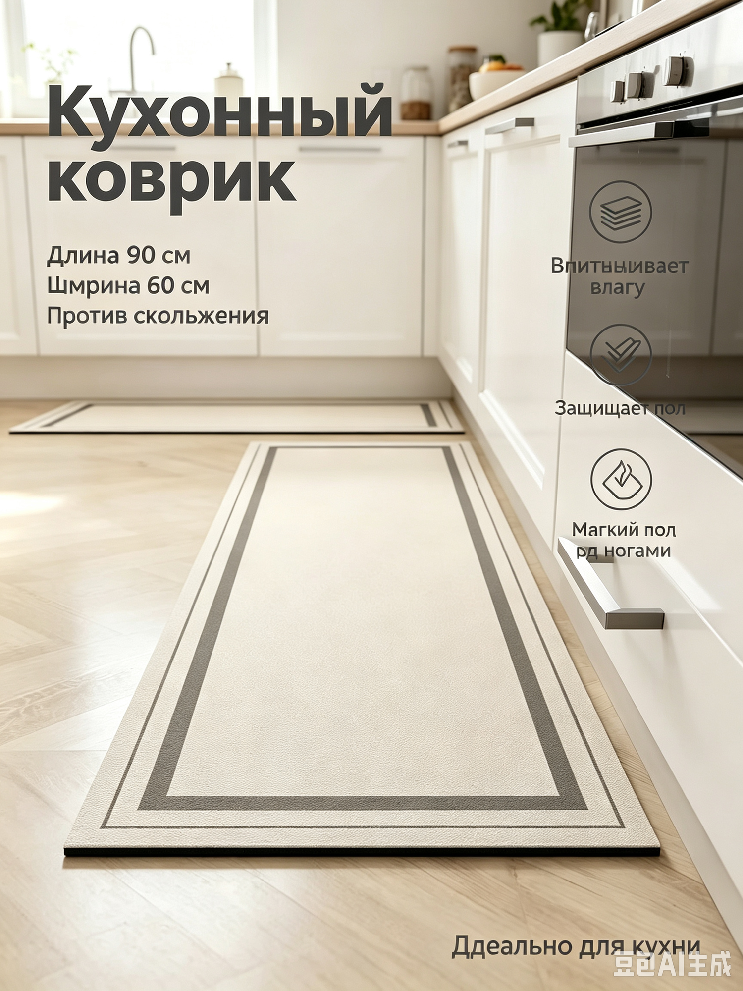 Коврик придверный диатомитовый, впитывающий влагу и масло, 90×60 см, бежевый