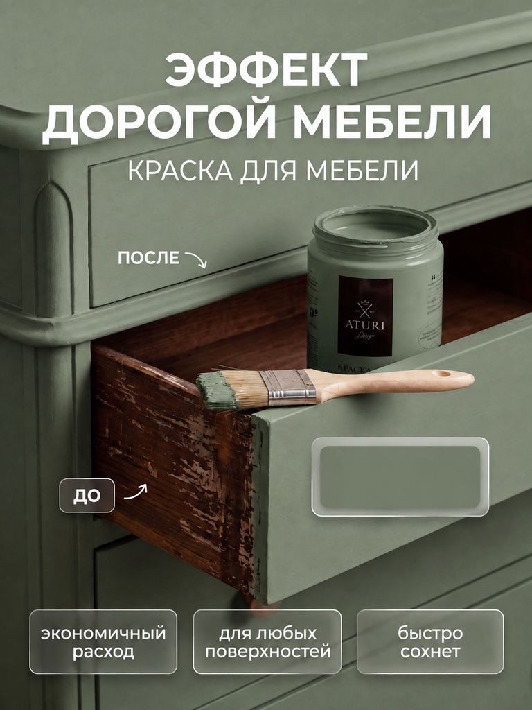Матовая меловая краска для мебели без запаха быстросохнущая Aturi Classic 0.8 кг. Французский Макарон, зеленая. Краска по дереву и по металлу. Для дверей межкомнатных и окон, кухонного гарнитура.