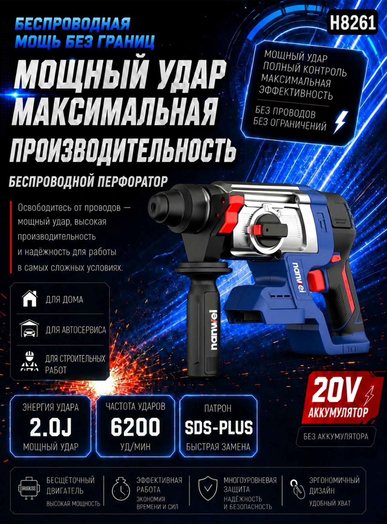 NANWEI Перфоратор 500 Вт, 0 акк.