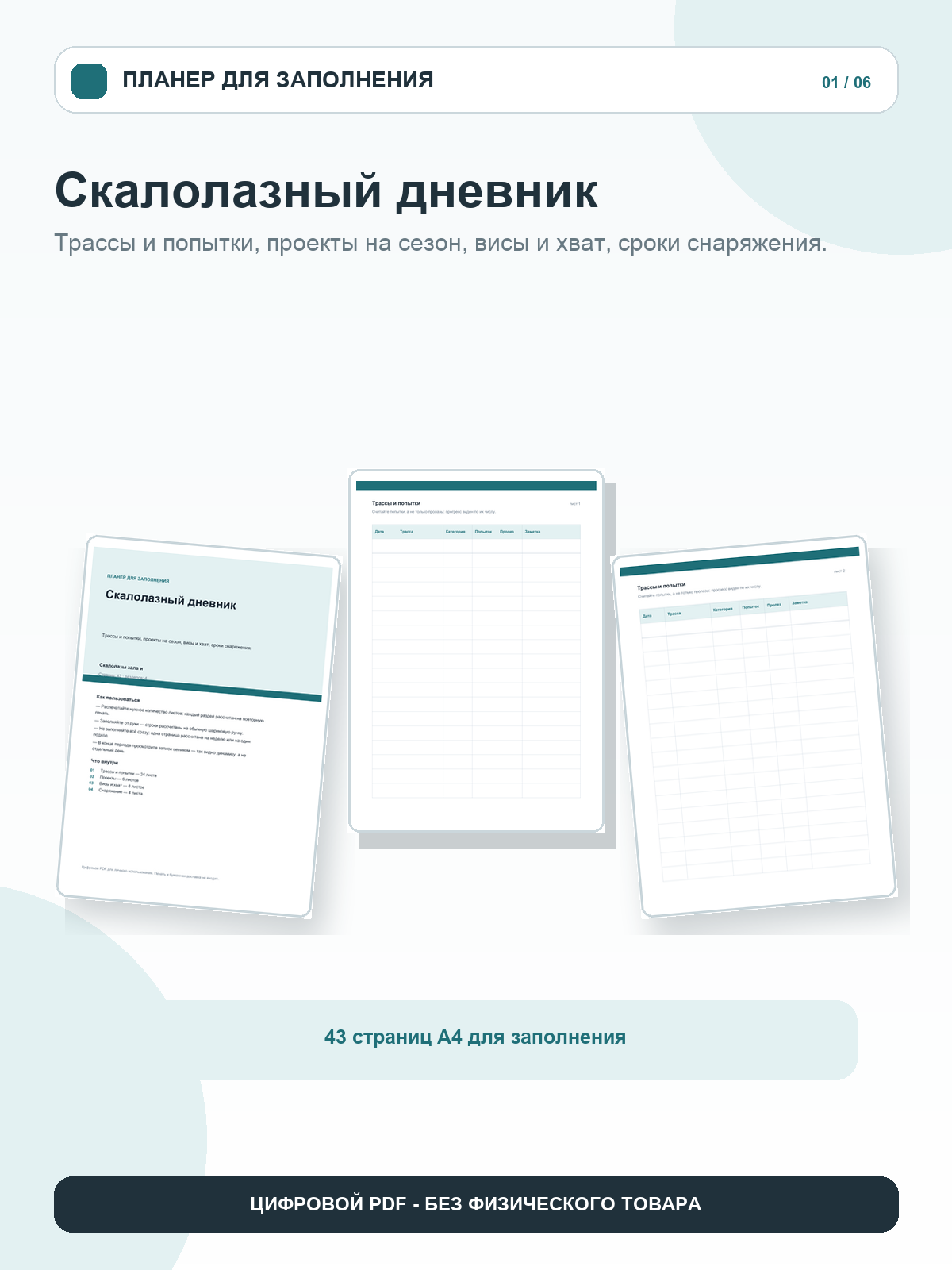 Скалолазный дневник: трассы и попытки, проекты на сезон, висы и хват, сроки снаряжения, цифровой PDF A4, 43 страницы
