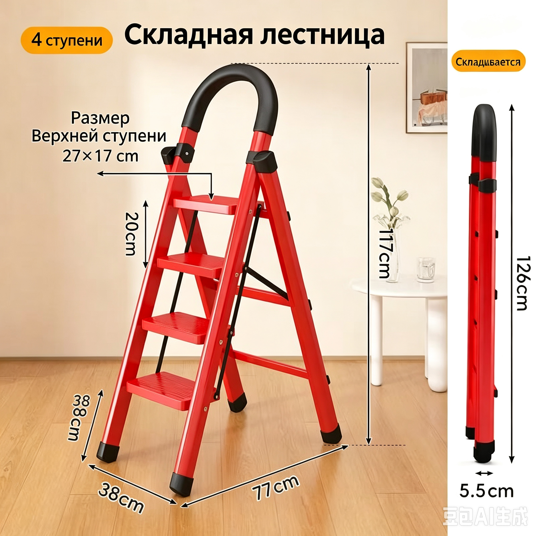 Складная лестница с 3 ступеньками, семейная лестница с нескользящими ступеньками, легко складывающейся ручкой