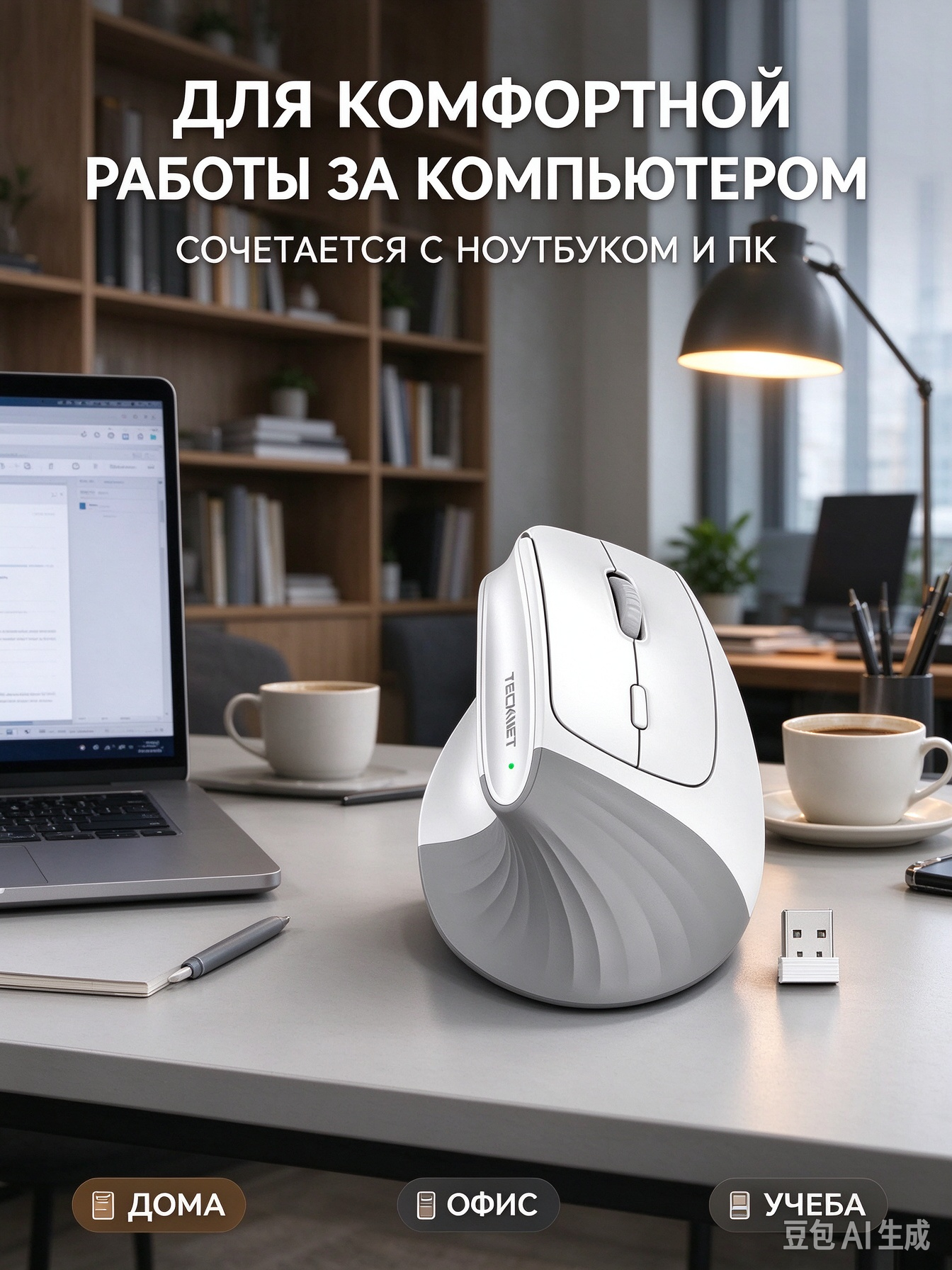 Беспроводная эргономичная мышь TECKNET, Bluetooth + 2.4G, бесшумные кнопки для офиса