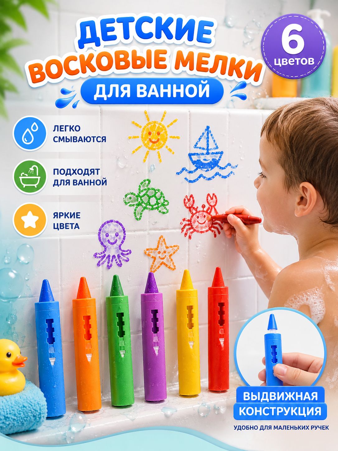 Набор ваннных мелков для детей 6 шт, 6 цветов, выдвижной, без запаха, водные и моются легко!
