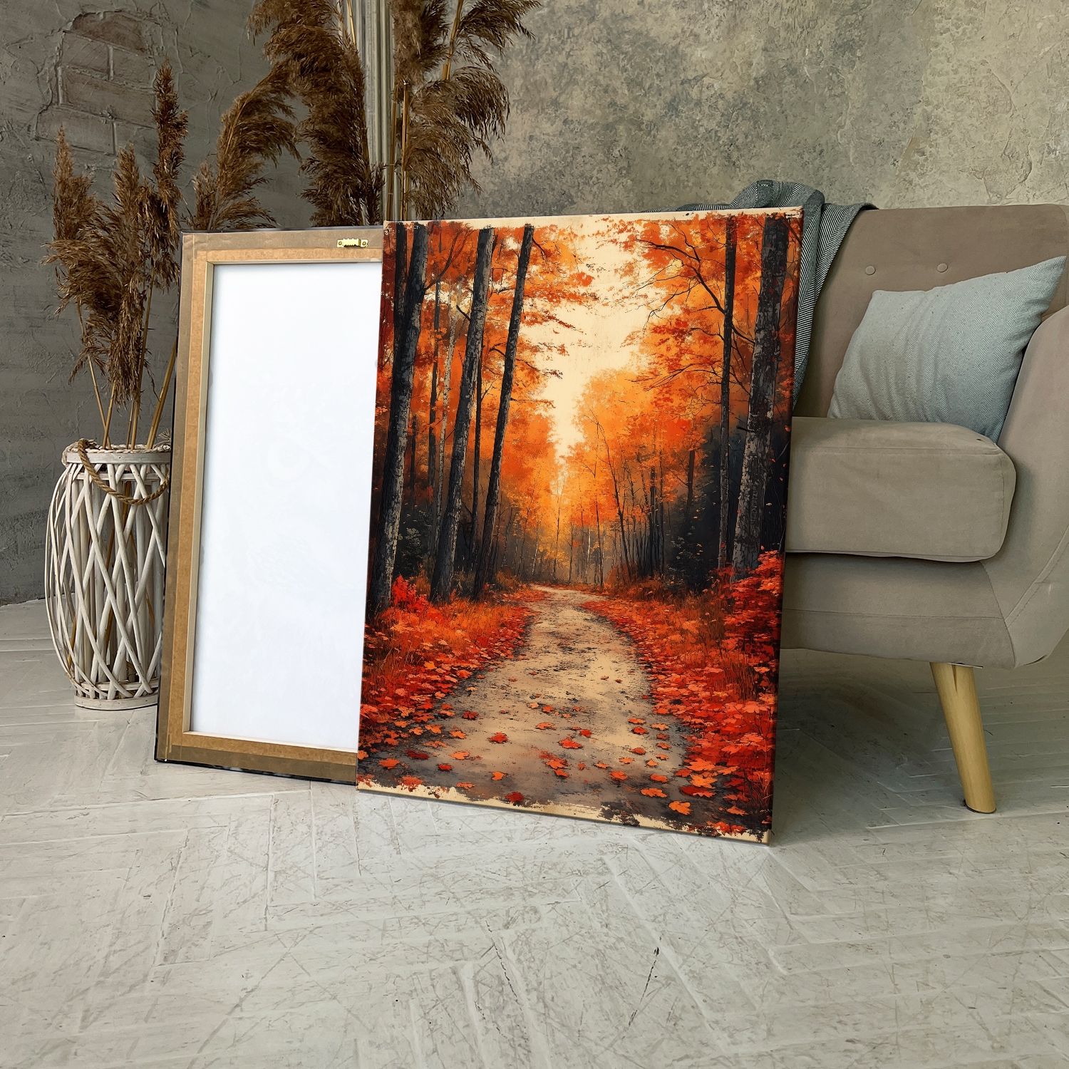 Картина на холсте (осень, лес, деревья, тропинка, листья, пейзаж, природа) 40x60 см. Интерьерная на стену. Украшение в комнату. В подарок.