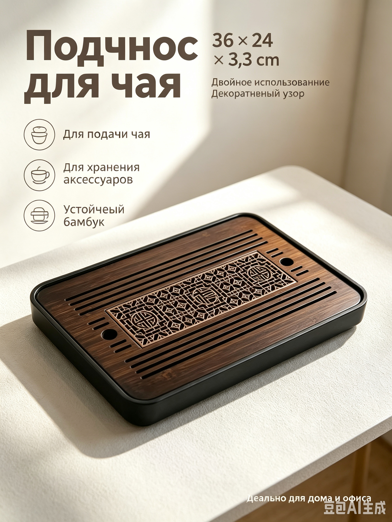 Чабань бамбуковый двухъярусный, с дренажным узором, цвет ореха, 36×24 см, для чайной церемонии
