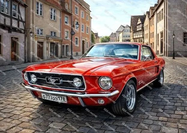 "Красный Ford Mustang 1967 года на мощеной улице". 21х30 см. Постер А4_013.