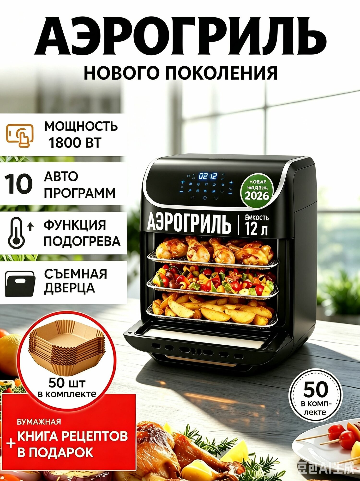 Аэрогриль Air Fryer 1800 W 12 L, programs 10, черный