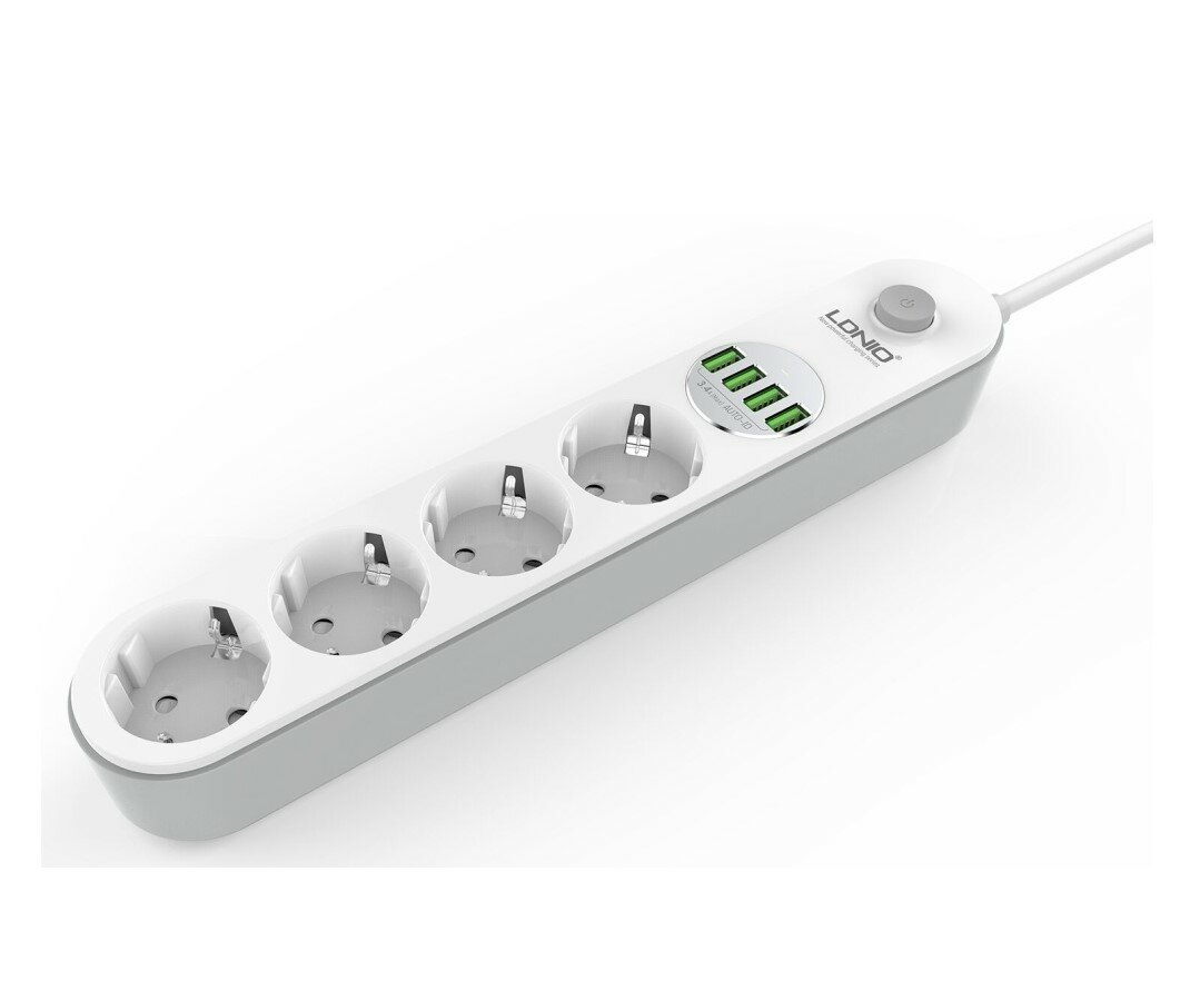 Сетевой удлинитель LDNIO SE4432 2м + ЗУ на 4 USB, 4 розетки (медь) - 2500W, USB - 17W, White&Gray