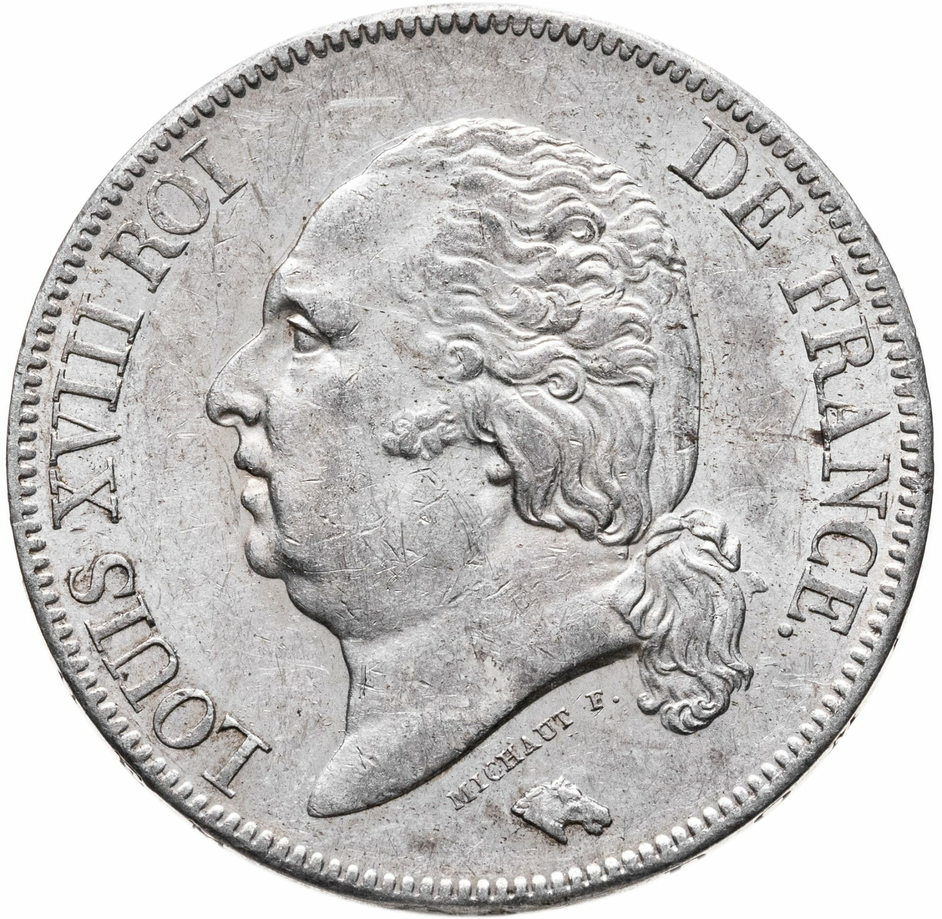 Франция 5 франков 1824 W "Король Франции - Людовик XVIII", Серебро 900, в сохранности XF-AU