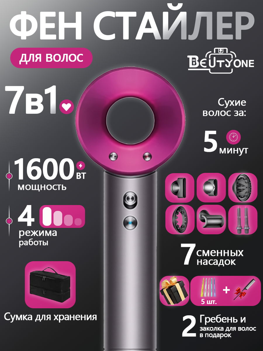 Фен для волос профессиональный, стайлер для волос с сумкой beutyone, с насадками для укладки, скоростей 3, розовый