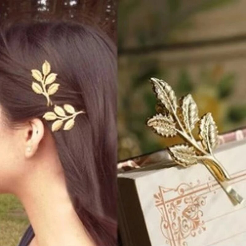 Золотые шпильки для волос с листьями, 5 leaves, 1pcs