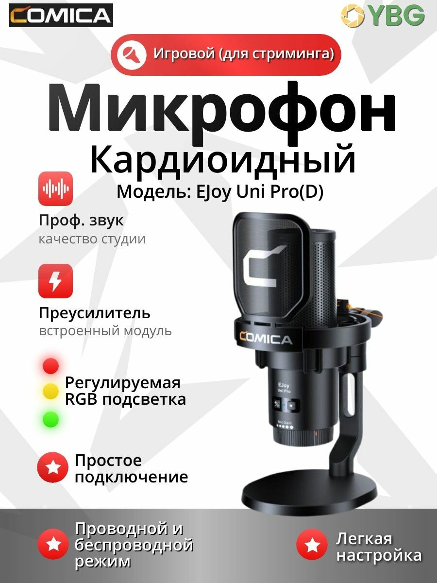 Динамический микрофон Comica EJoy Uni Pro(D) проводной/беспроводной для стримов с RGB-подсветкой, чёрный