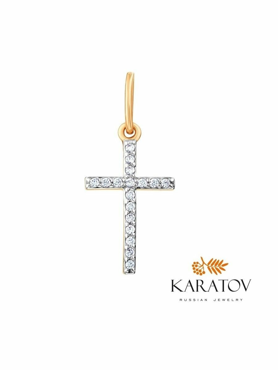 Крестик, красное золото, 585 проба, фианит