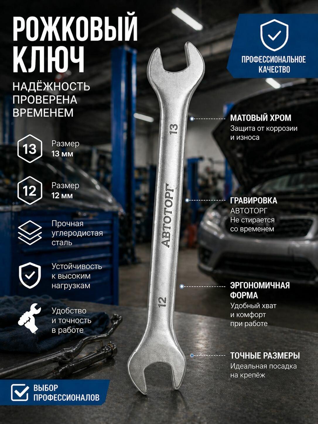 Ключ рожковый 12x13 мм профессиональный CrV матовый хром инструмент для ремонта авто и дома