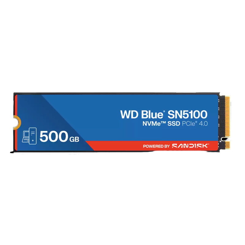 SSD WD Blue SN5100, 500ГБ, M.2 (22x80мм), NVMe, PCIe 4.0 x4, TLC, R/W 6600/5600МБ/с, TBW 300ТБ, DWPD 0.3, WDS500G5B0E