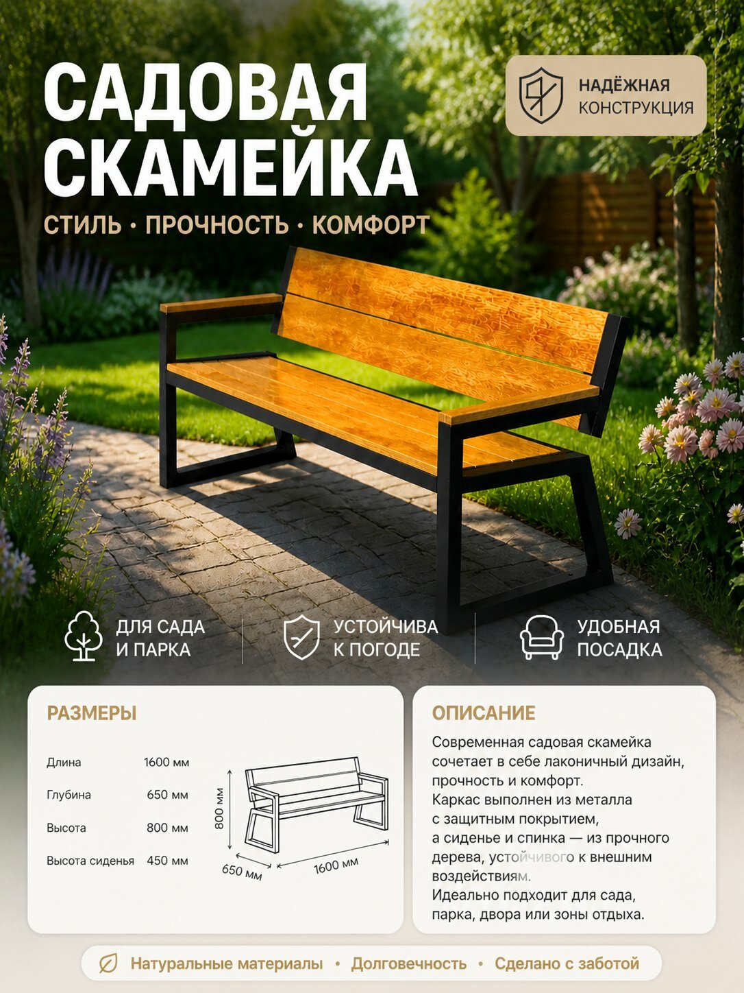 Скамейка садовая от MANGAL CITY , с современным дизайном, дерево/металл, 160 см х 65 см х 80 см