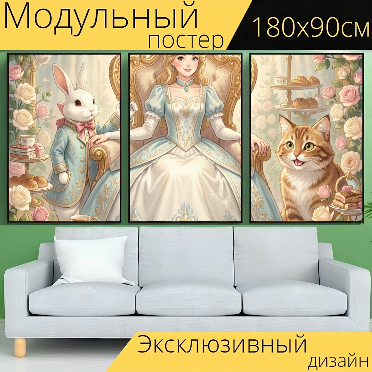 Модульный постер "Принцесса, заяц и кот. Нежная иллюстрация в стиле барокко: светловолосая девушка в голубом бальном наряде, белый." 180 x 90 см. для интерьера на стену в тубусе