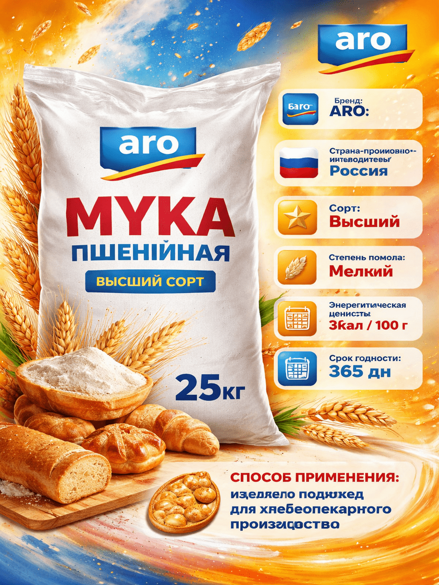 Aro Мука пшеничная хлебопекарная высший сорт, 25кг