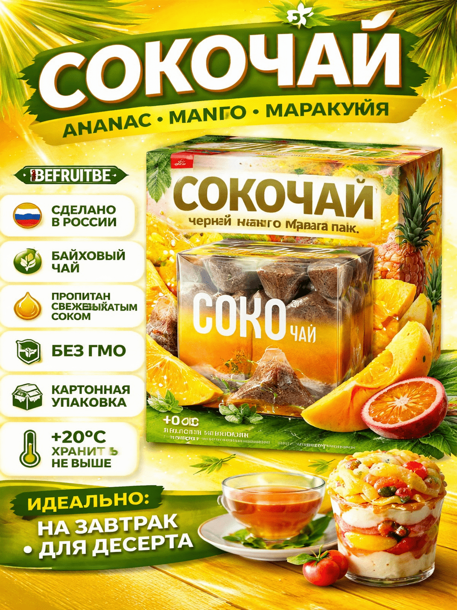 Сокочай черный Befruitbe ананас с манго и маракуйей (2.5г x 20шт), 50г