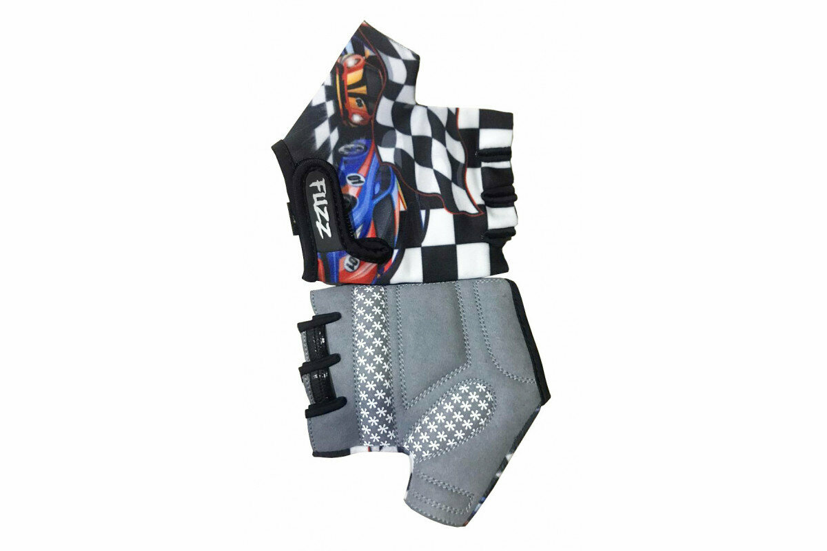 Перчатки 08-202064 детские лайкра RACE CARS бело-черные, размер 10/XL (для 8-10 лет), GRIP GEL, с петельками, на липучке FUZZ