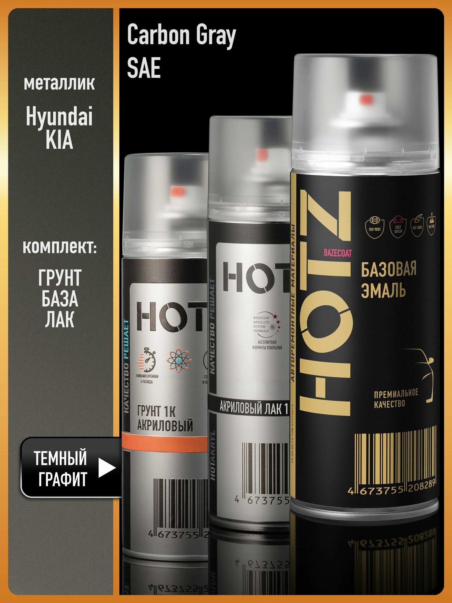 Комплект: (Краска аэрозольная 1K "Hyundai/Kia Carbon Gray SAE" 520 мл + Грунт 1К выравнивающий, темный графит, 520 мл + Лак 1К, 520 мл.), HOTZ