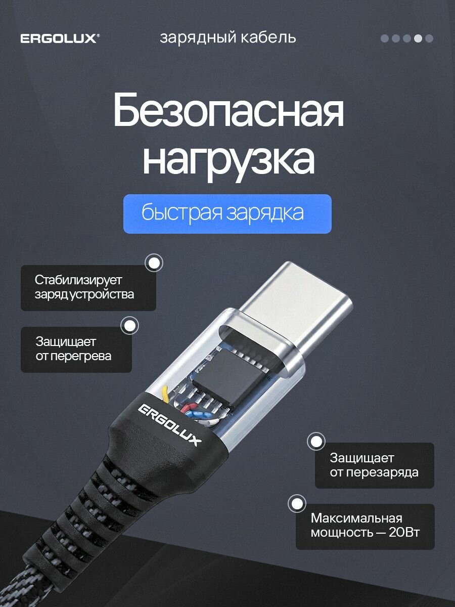 Кабель USB Type C Ergolux, быстрая зарядка 20 Вт 1.2м — фото 1