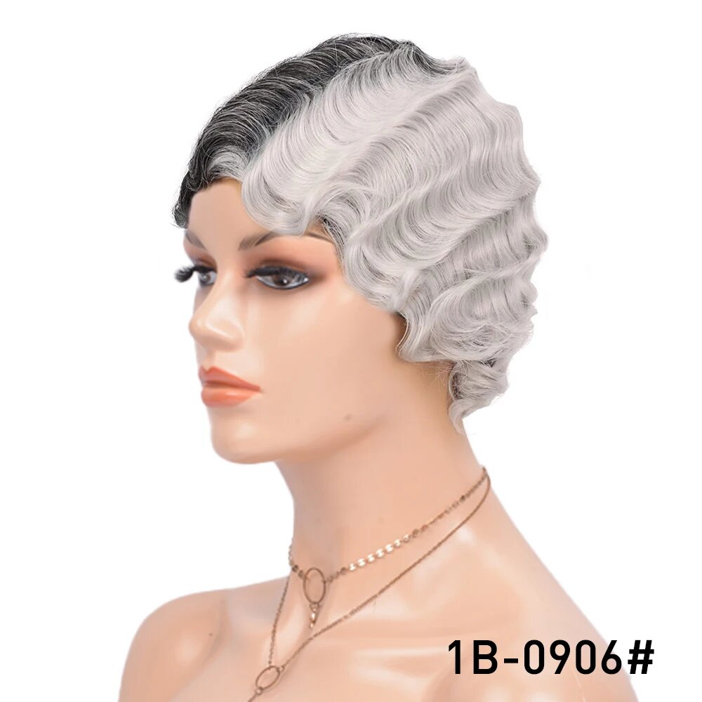 Короткий кудрявый парик 1B 0906, серый с черным