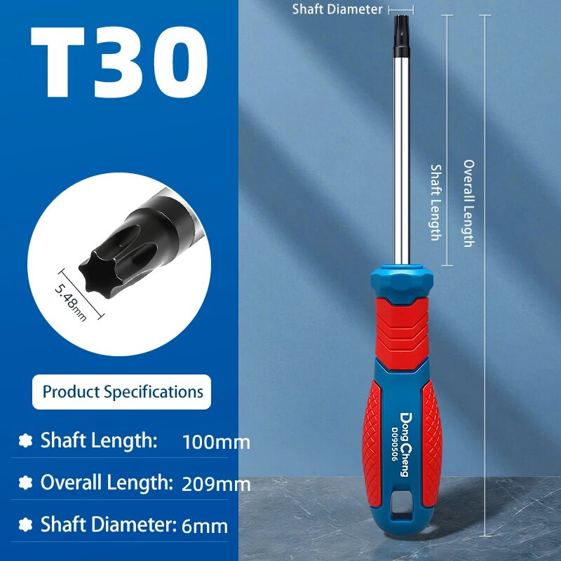 Отвертка Torx T30, длина 209 мм, диаметр 6 мм, Shaft Length: 100mm, Color: D090506