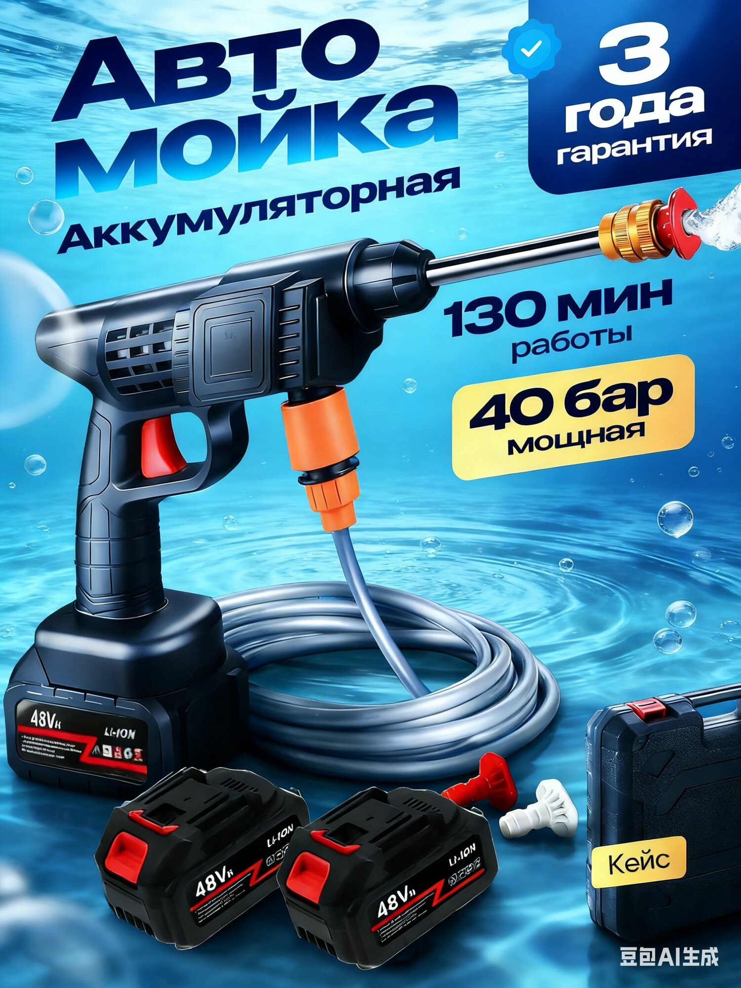 Аккумуляторная мойка высокого давления для автомобиля в кейсе / Портативная Минимойка с пистолетом и пенообразователем для дачи беспроводная с двумя батареями / Автомойка, 2 аккумулятора, Кейс