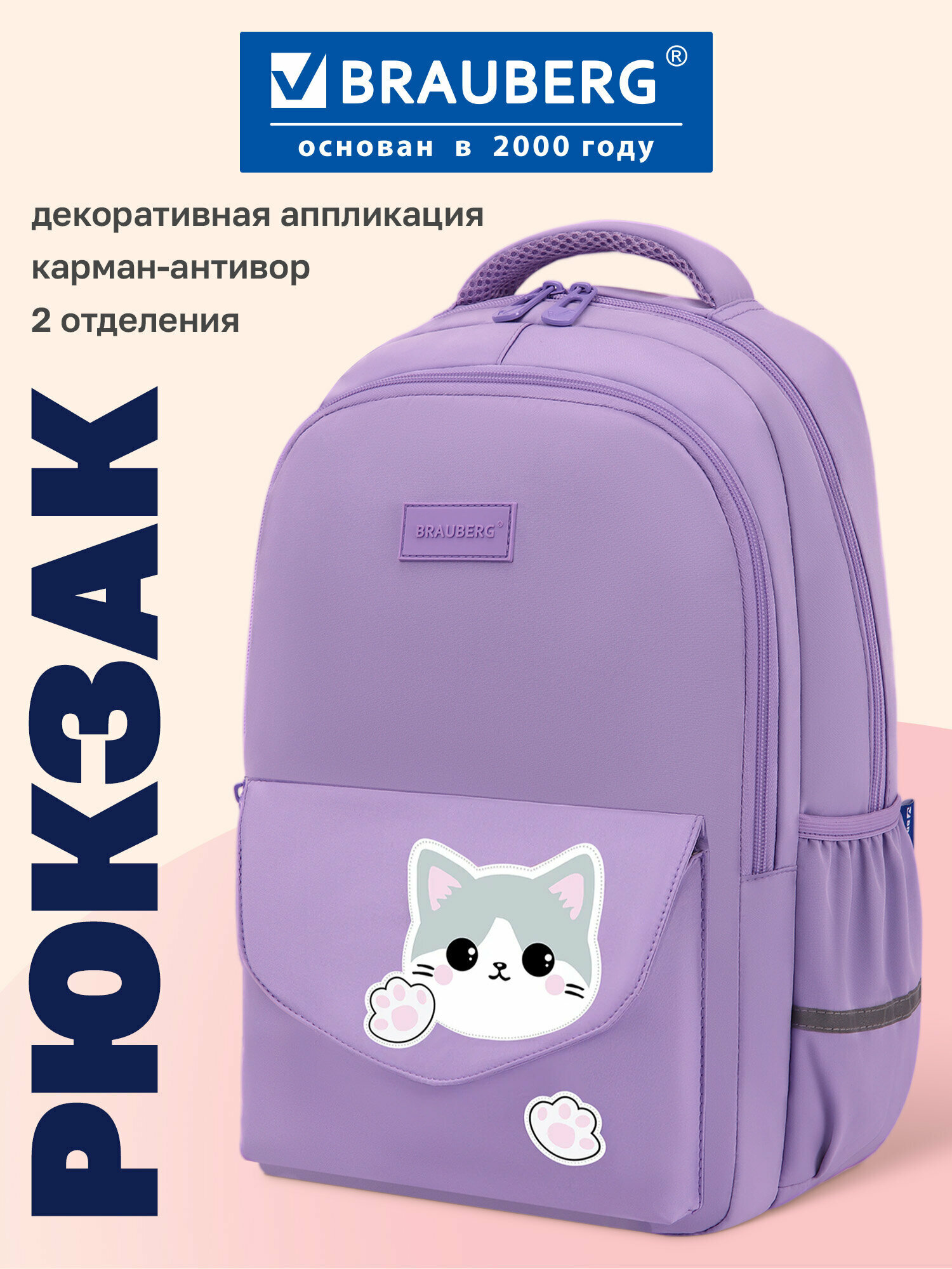 Рюкзак школьный для девочки, ранец для подростка, 2 отделения и 4 кармана, Brauberg Всем привет, 274411