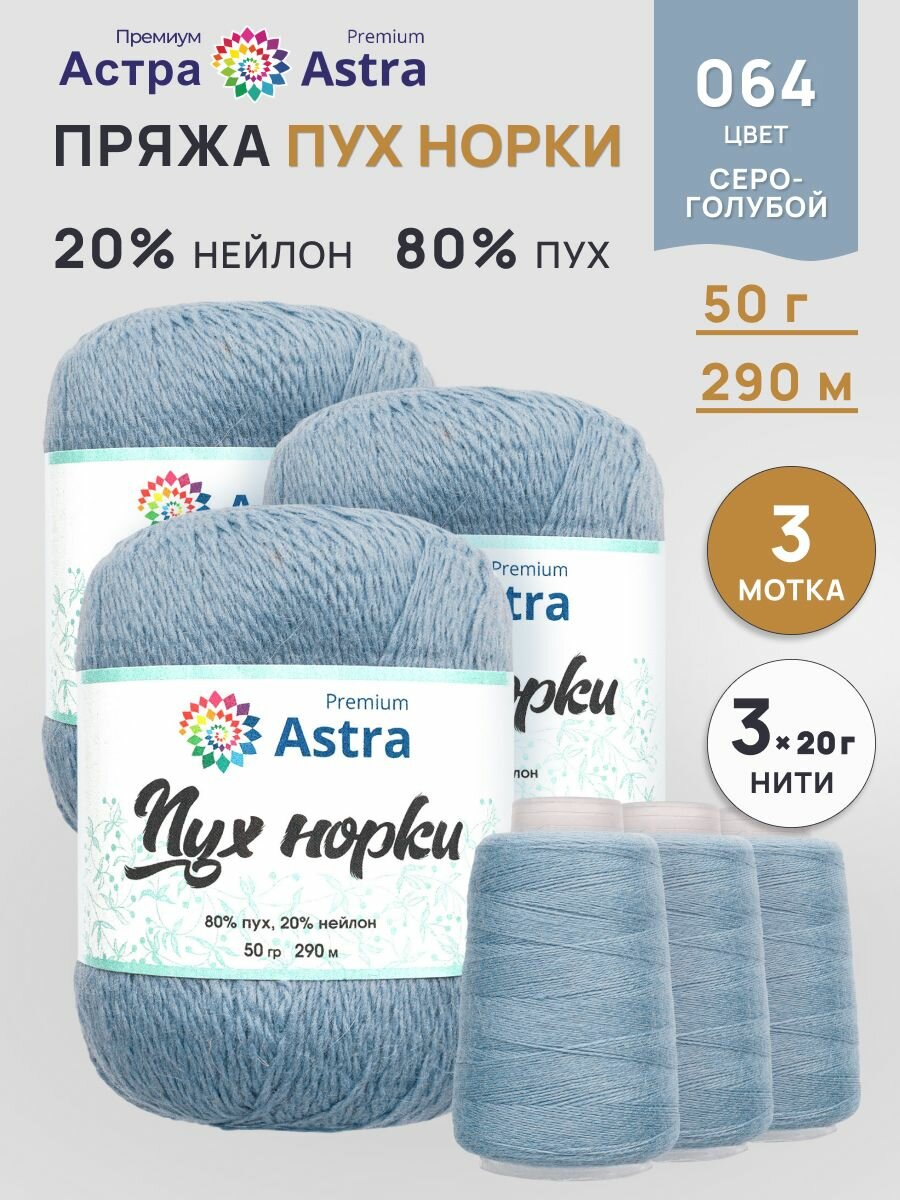 Пряжа Пух норки, 3 мотка по 50г 290м +3 нити по 20г (80% пух, 20% нейлон), Astra Premium (064 серо-голубой)
